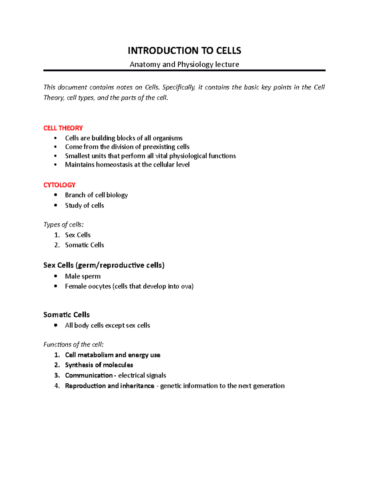 Introduction to Cells - INTRODUCTION TO CELLS Anatomy and Physiology ...