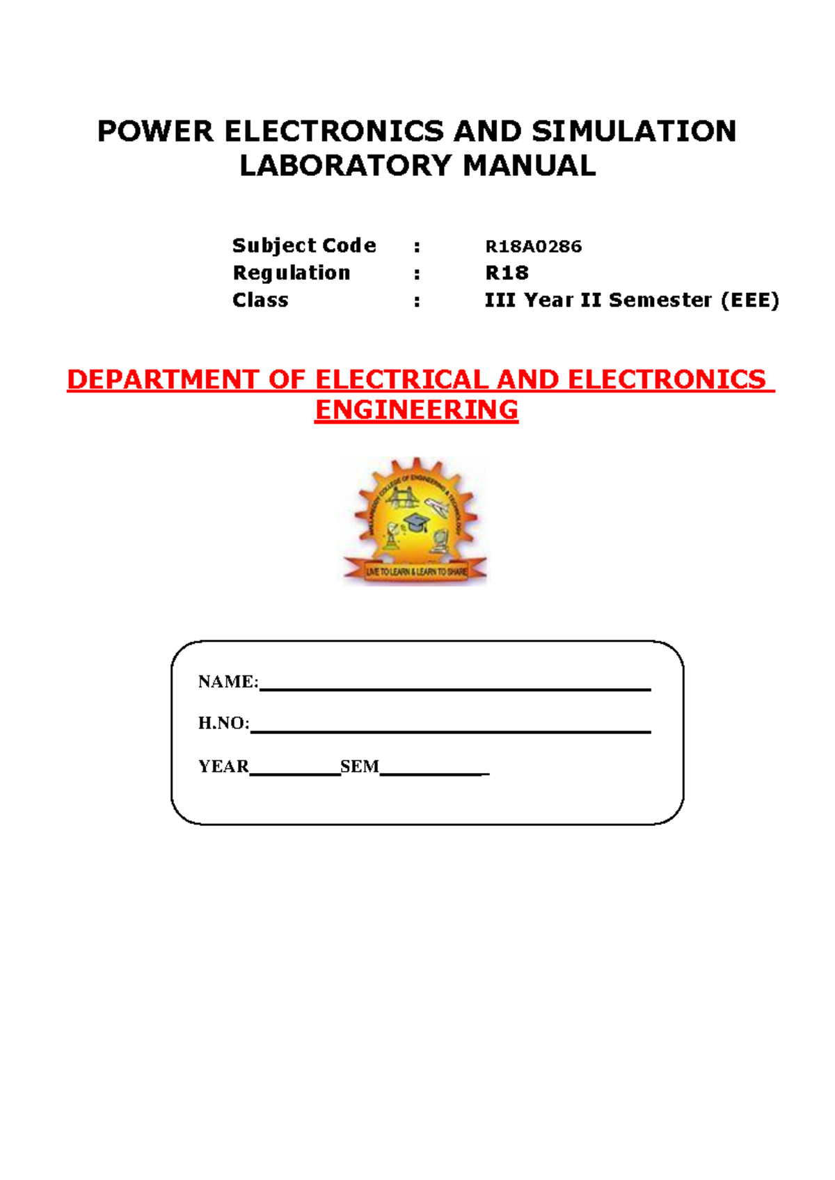 Power Electronics &Simulation lab manual - NAME: H: YEAR SEM _ POWER ELECTRONICS AND SIMULATION ...