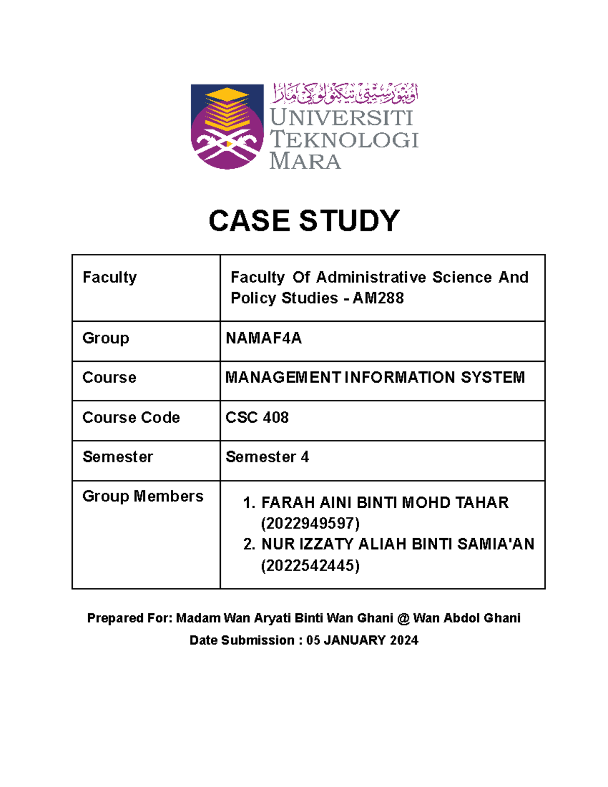 CSC408- CASE Study - Lecture Notes - CASE STUDY Faculty Faculty Of ...