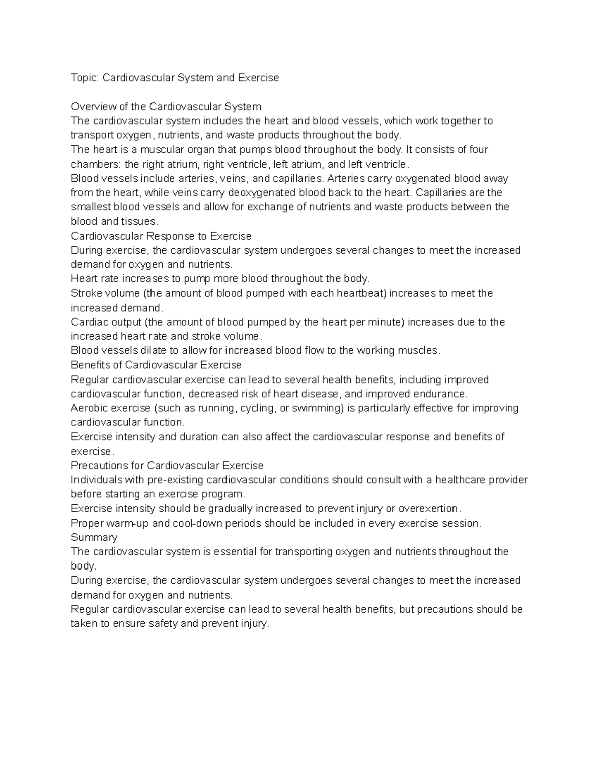 Topic Cardiovascular System and Exercise - Topic: Cardiovascular System ...