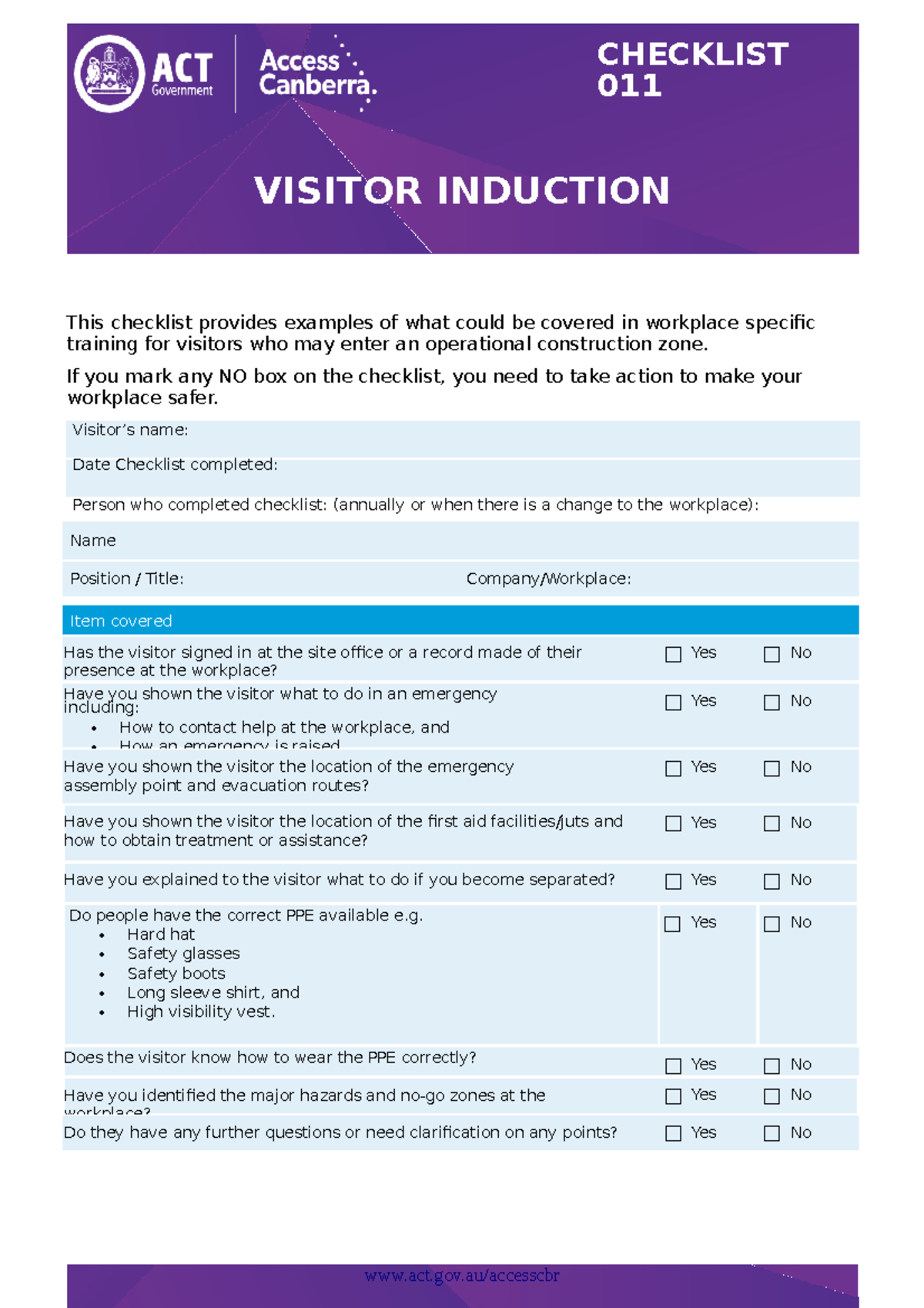 Checklist 011 Visitor induction - This checklist provides examples of ...