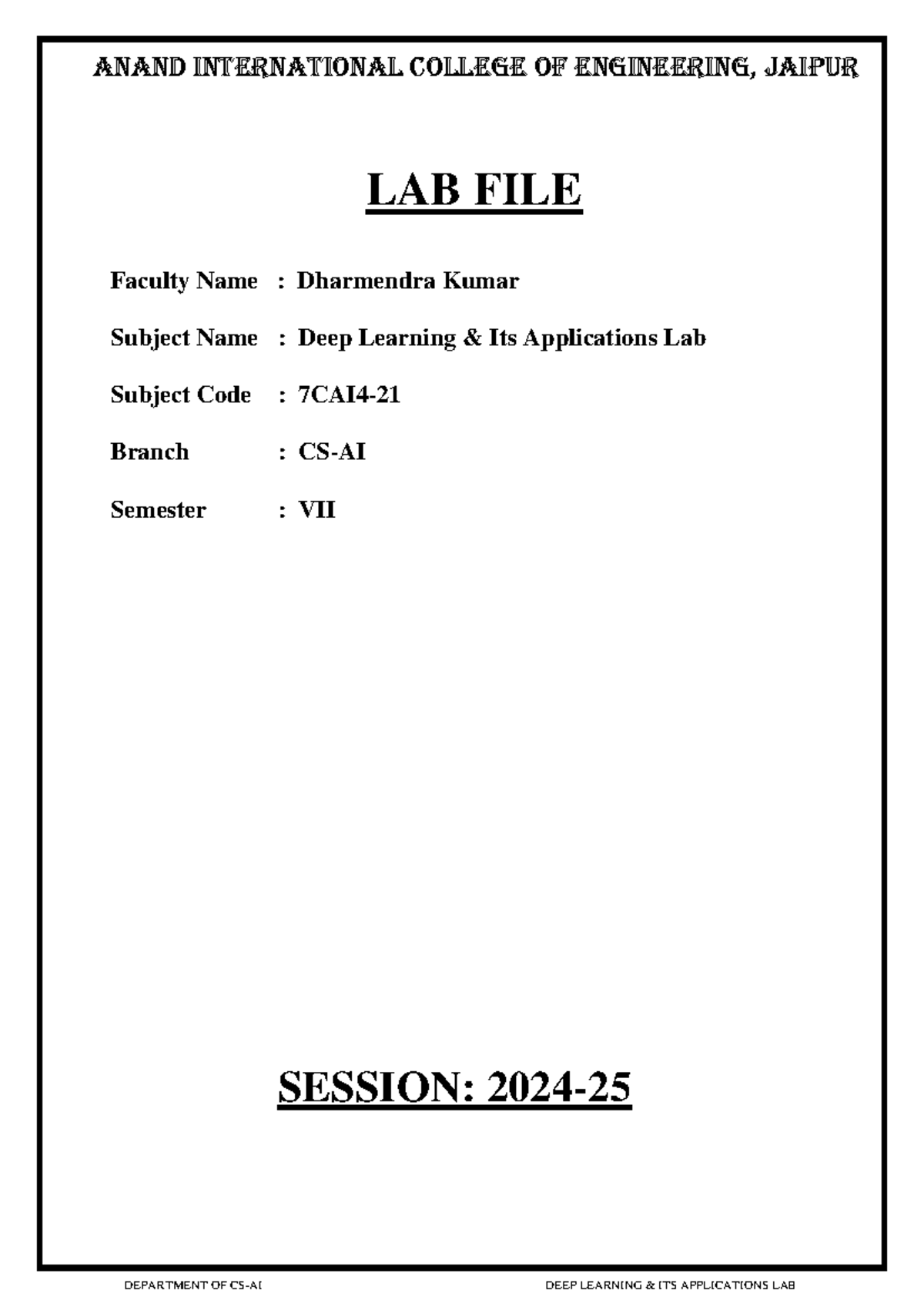 Deep Learning lab file - Lab questions - LAB FILE Faculty Name ...