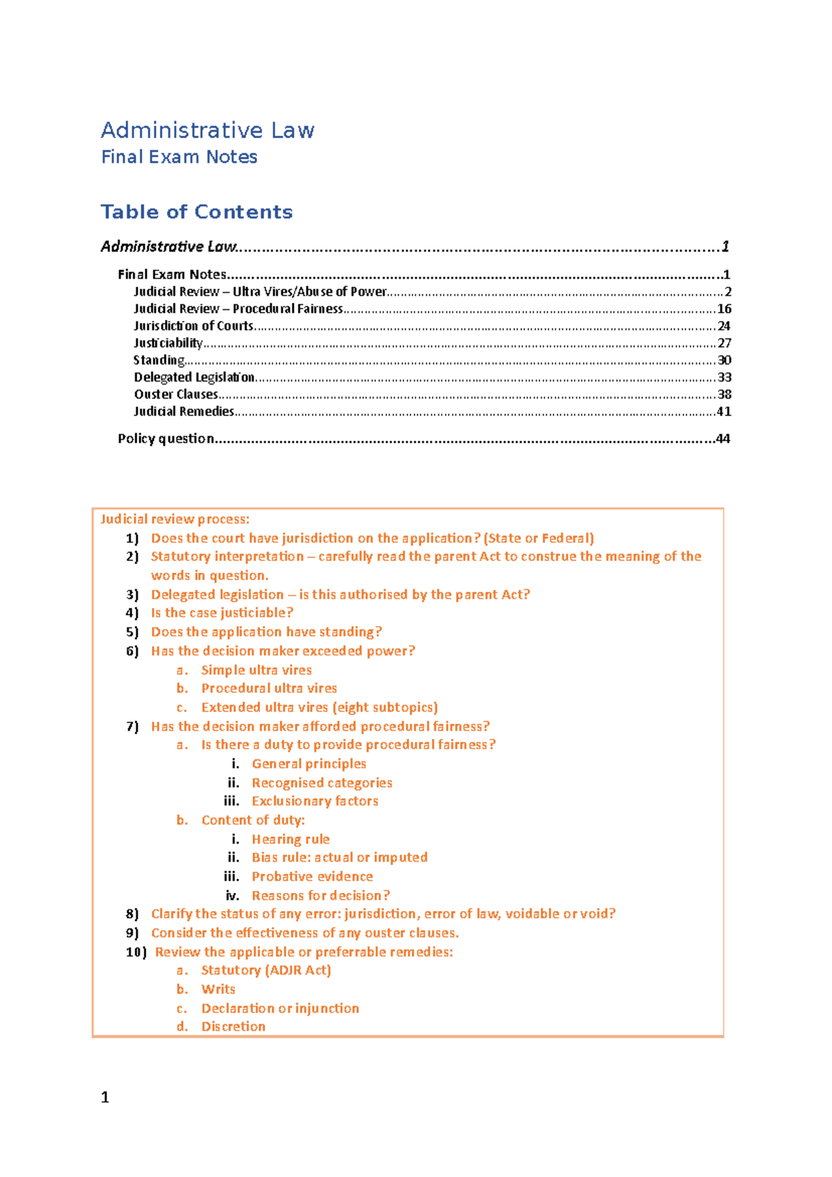 Admin Final Exam Notes - Administrative Law Final Exam Notes Table of ...