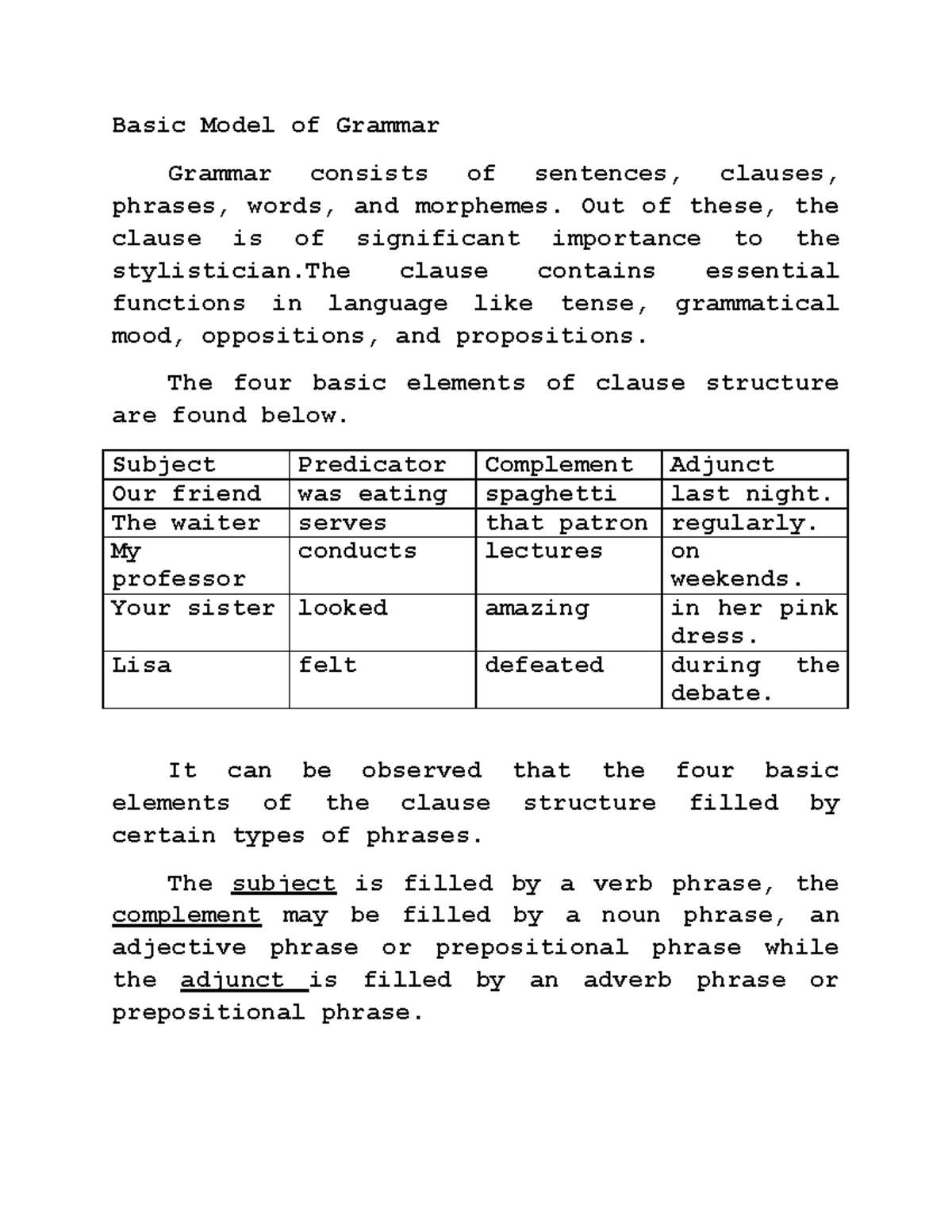 Basic Model of Grammar - Lecture notes 1 - Basic Model of Grammar ...