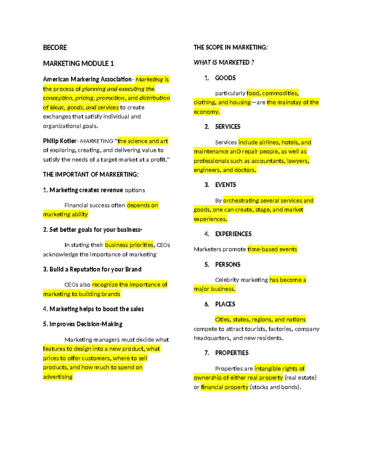 Becore-reviewer - BECORE MARKETING MODULE 1 American Markering ...