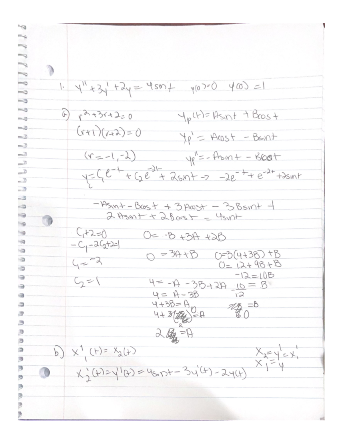 Matlab Prob 2 Math 222 1 4co I R Bcost Yp Acost Boint Boot 2sint C 3acost 3 Bsint 4 2