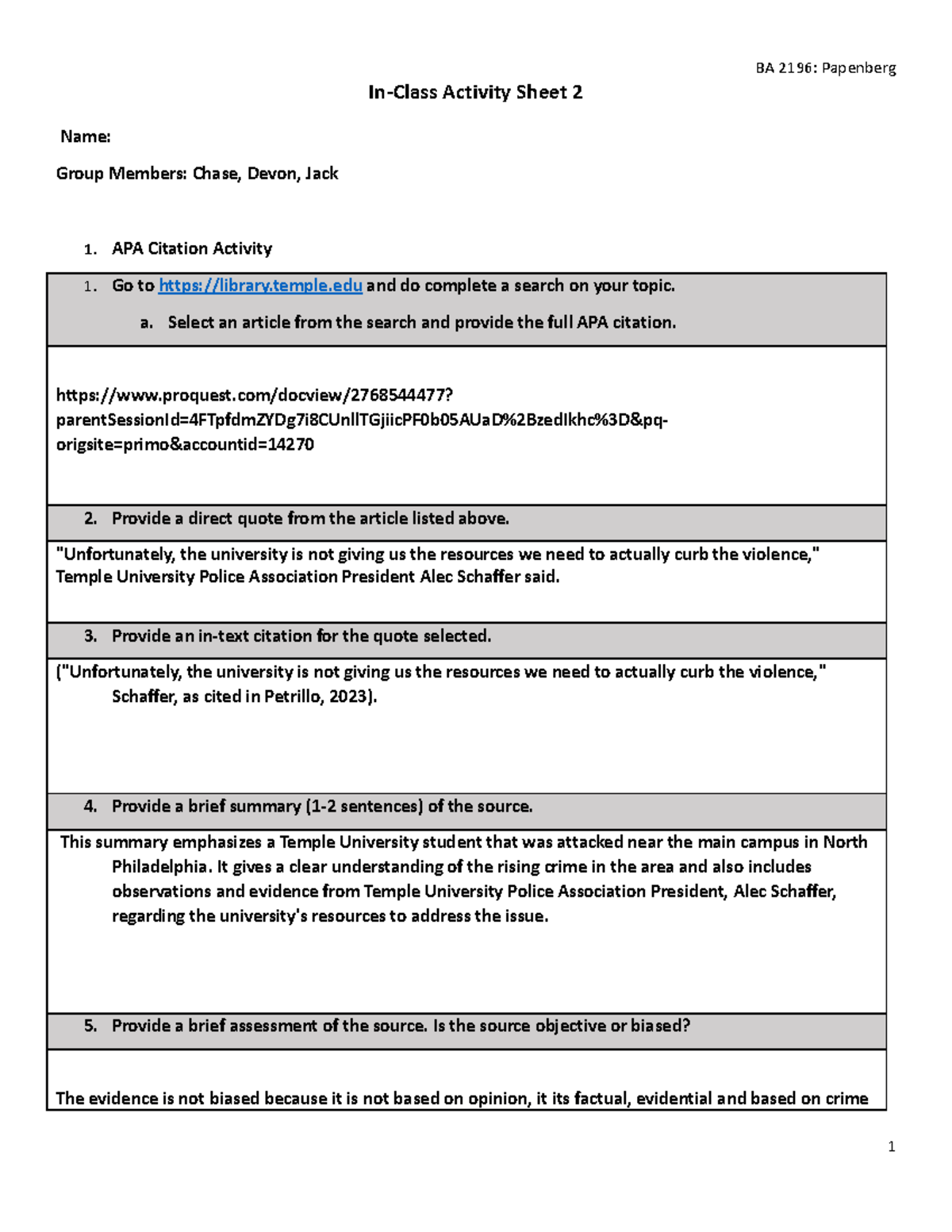 Week 2 - In-Class Activity Sheet - In-Class Activity Sheet 2 Name: Group Members: Chase, Devon ...