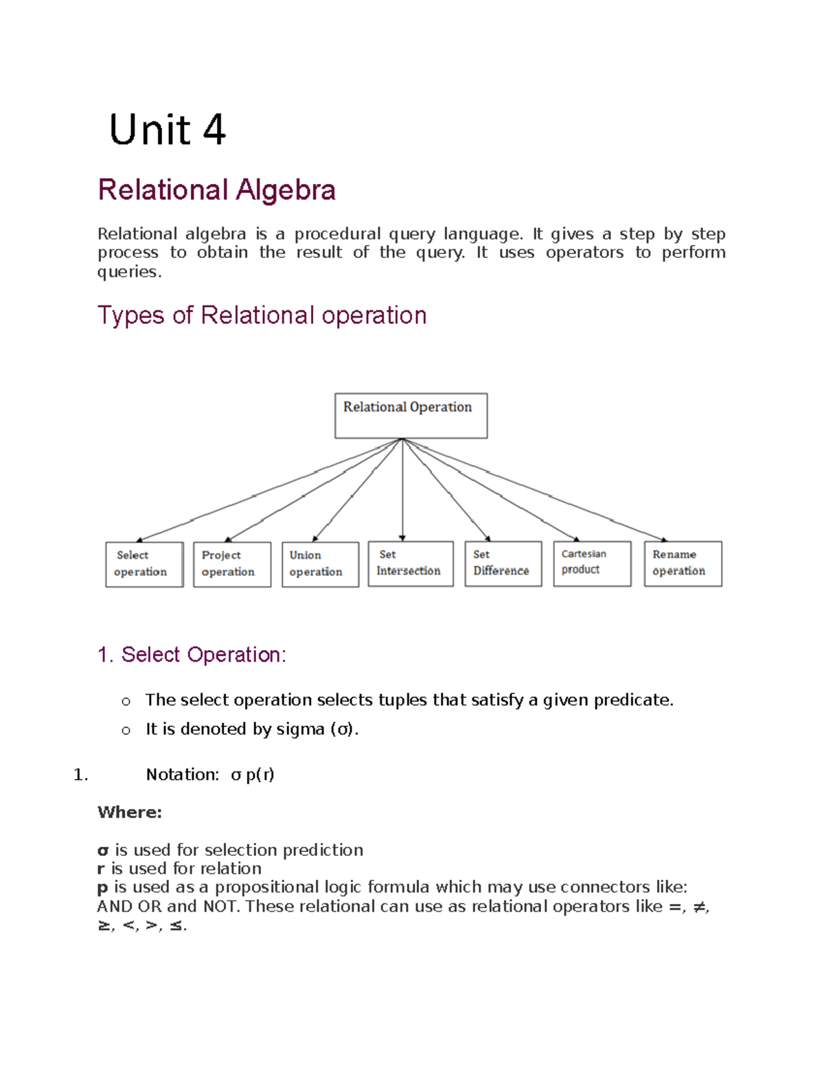 Unit 4-Relational Algebra - Unit 4 Relational Algebra Relational ...