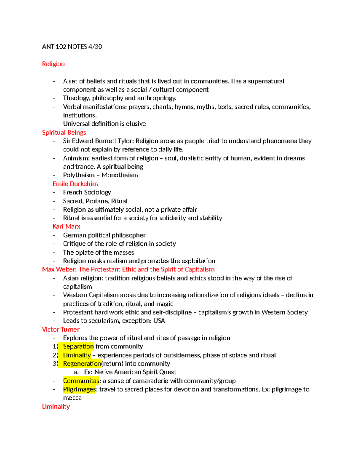 ANT 102 Notes 4 - ANT 102 NOTES 4/ Religion - A set of beliefs and ...
