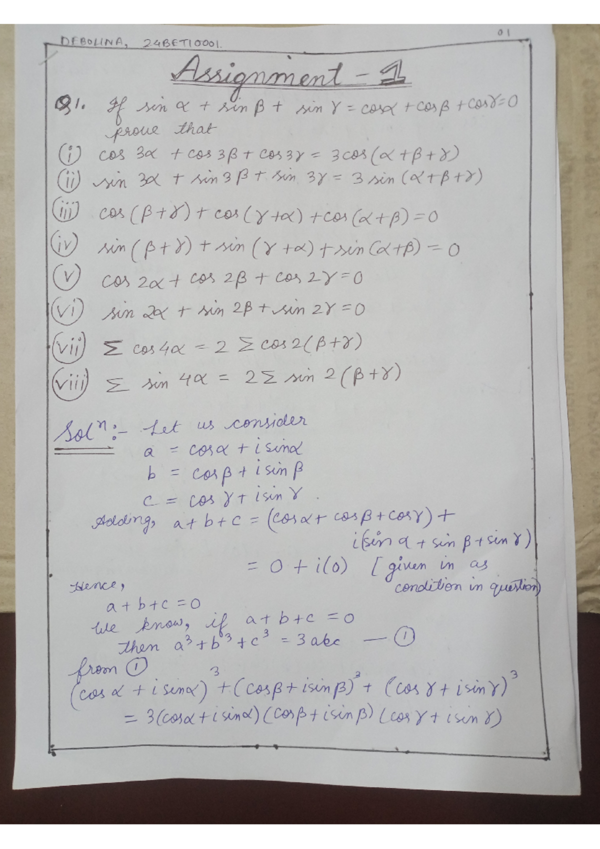 Complex numbers assignment - DEBOLINA, 24BETI 0001. 01 Assignment - 1 Q1. If sin a + sin B+ sin ...