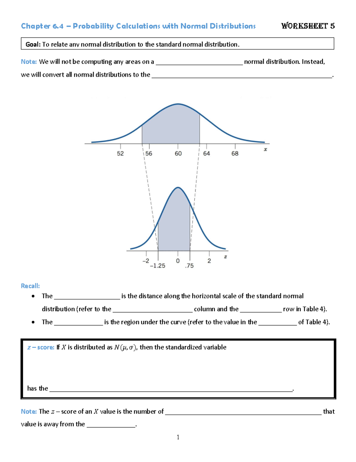 Worksheet 5 - Chapter 6 – Probability Calculations with Normal ...