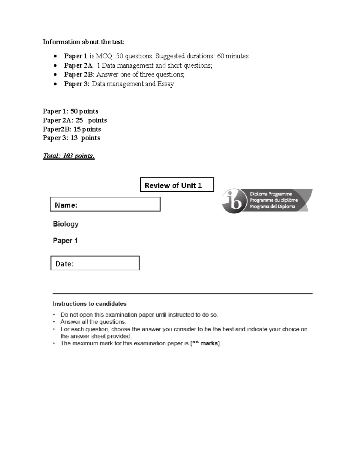 Unit 1 Review Test Biology - Information about the test: Paper 1 is MCQ ...