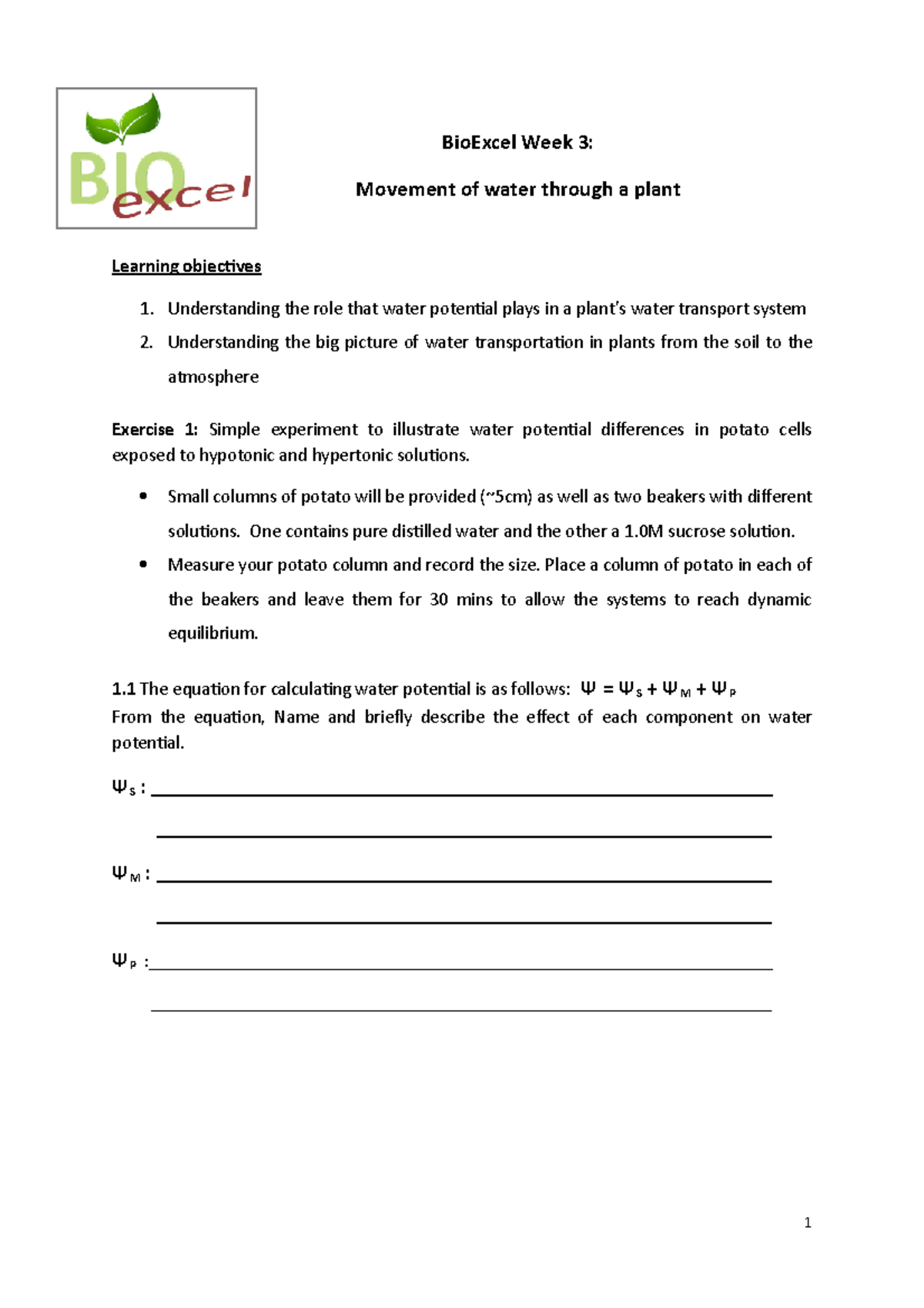 Tut3 student 2016 - Extra exercises - BioExcel Week 3: Movement of water through a plant ...