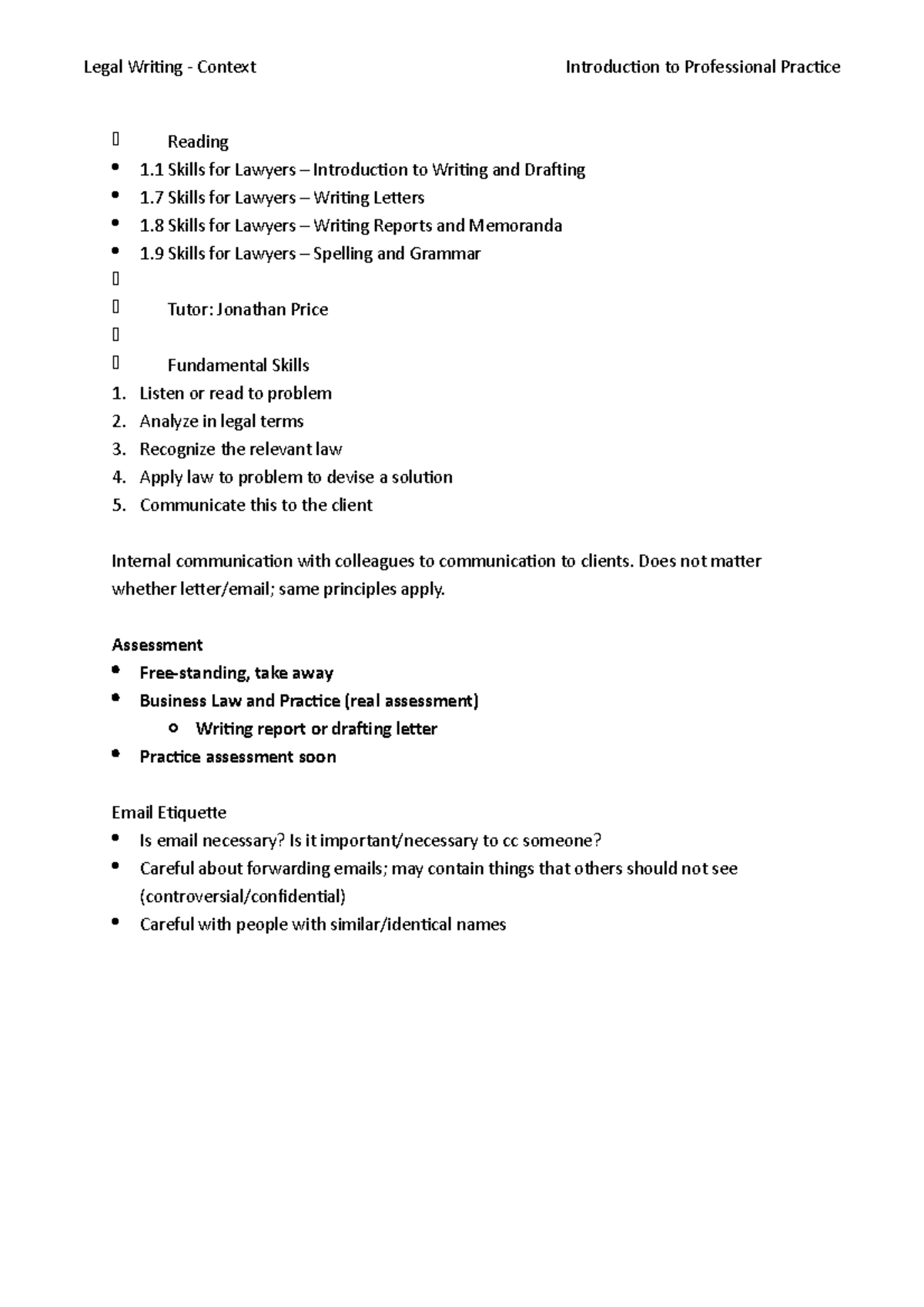 WRI - Legal Writing Notes - Legal Wriing - Context Introducion to ...