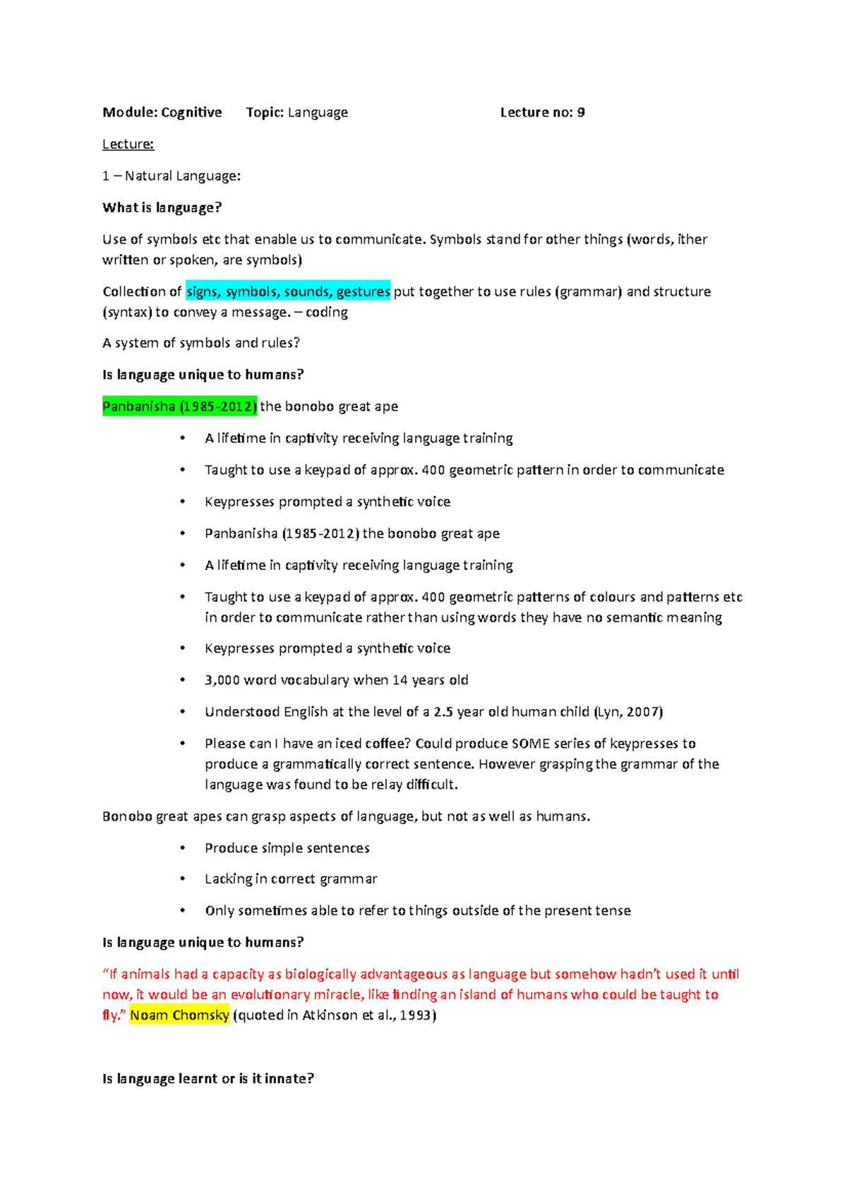 Lecture 9 - language - Module: Cognitive Topic: Language Lecture no: 9 ...