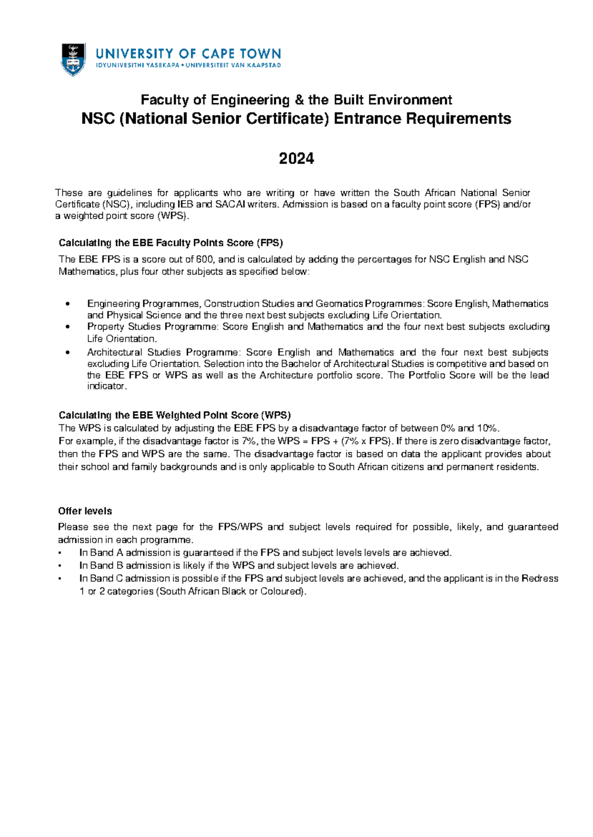 2024 EBE NSC Entry Requirements - Faculty of Engineering & the Built ...