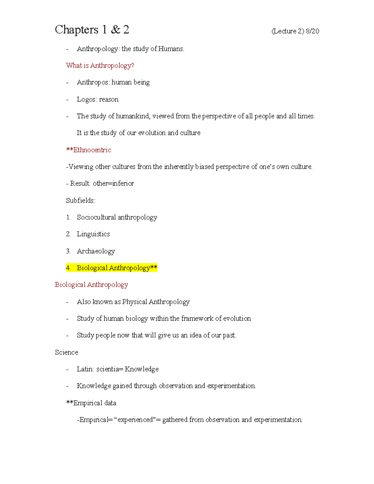 Anthropology- Ch1&2 - Lecture notes 1 and 2 - Chapters 1 & 2 - (Lecture ...