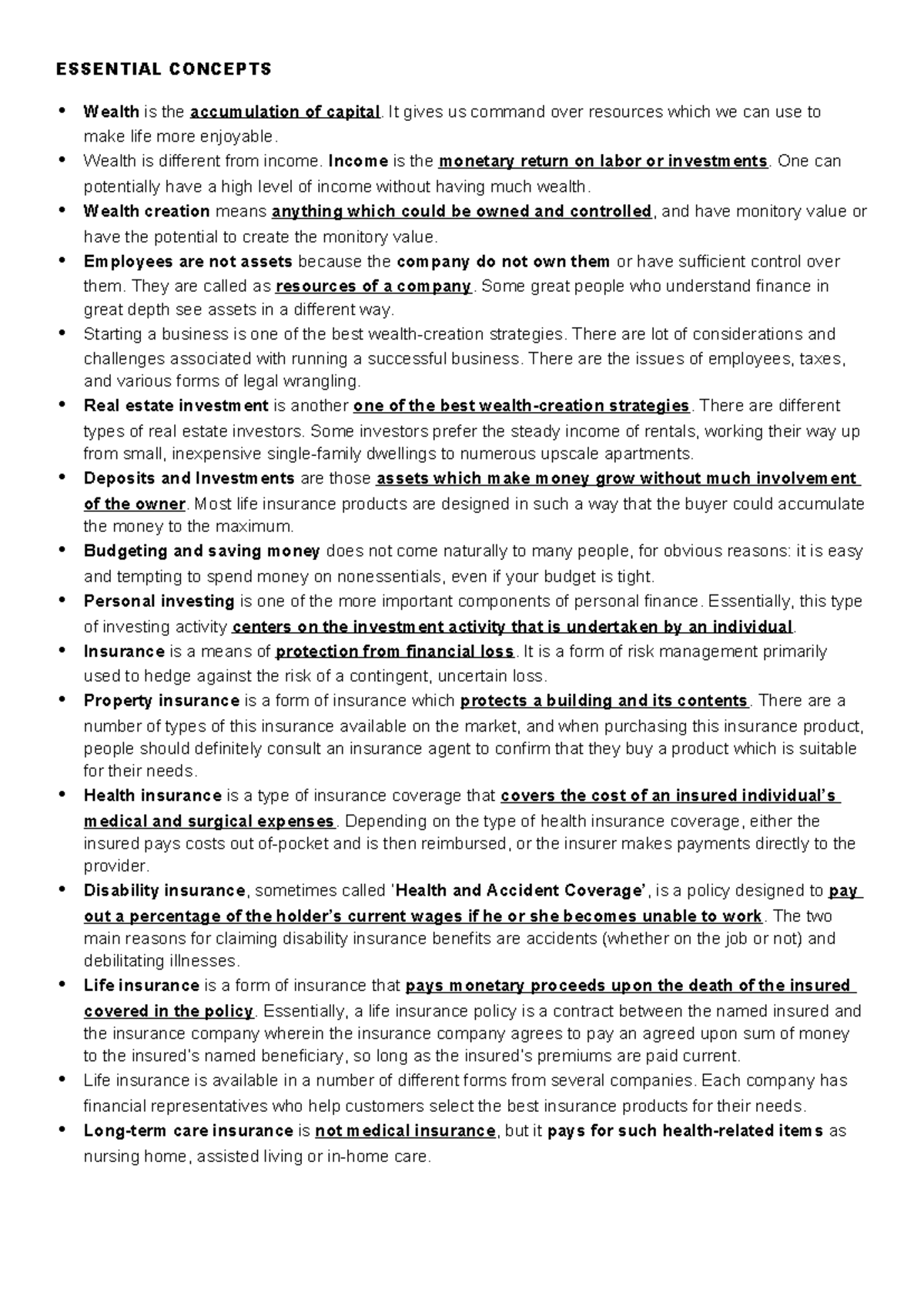 Entrep Essential Concepts AND Answers - ESSENTIAL CONCEPTS • Wealth is ...