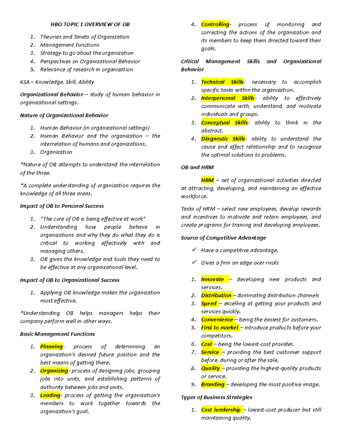 Organizational Behavior - HBO TOPIC 1 OVERVIEW OF OB Theories and ...