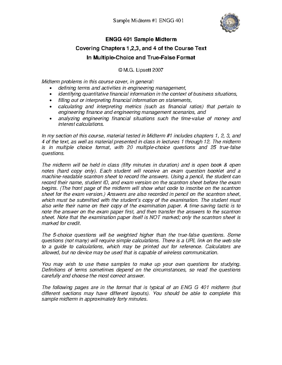 Sample Midterm 1 ENGG401 - ENGG 401 Sample Midterm Covering Chapters 1 ...