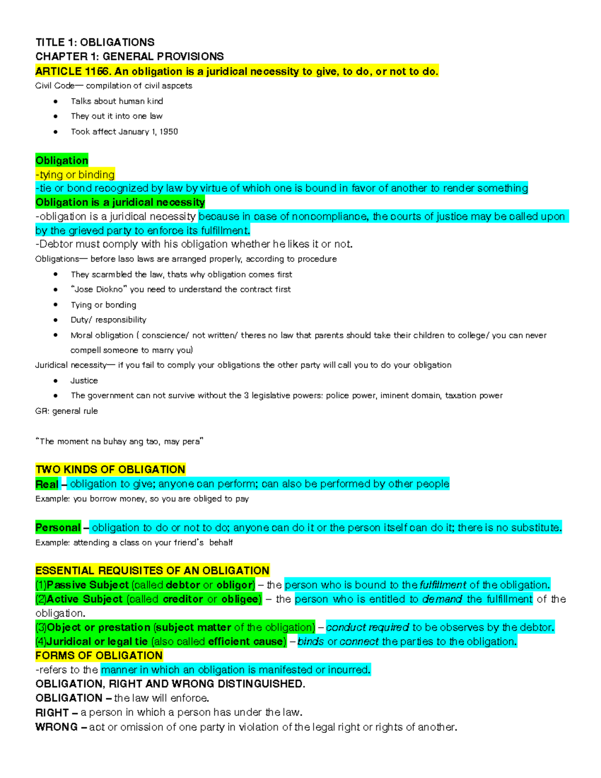 Oblicontinhgggg - TITLE 1: OBLIGATIONS CHAPTER 1: GENERAL PROVISIONS ARTICLE 1156. An obligation ...