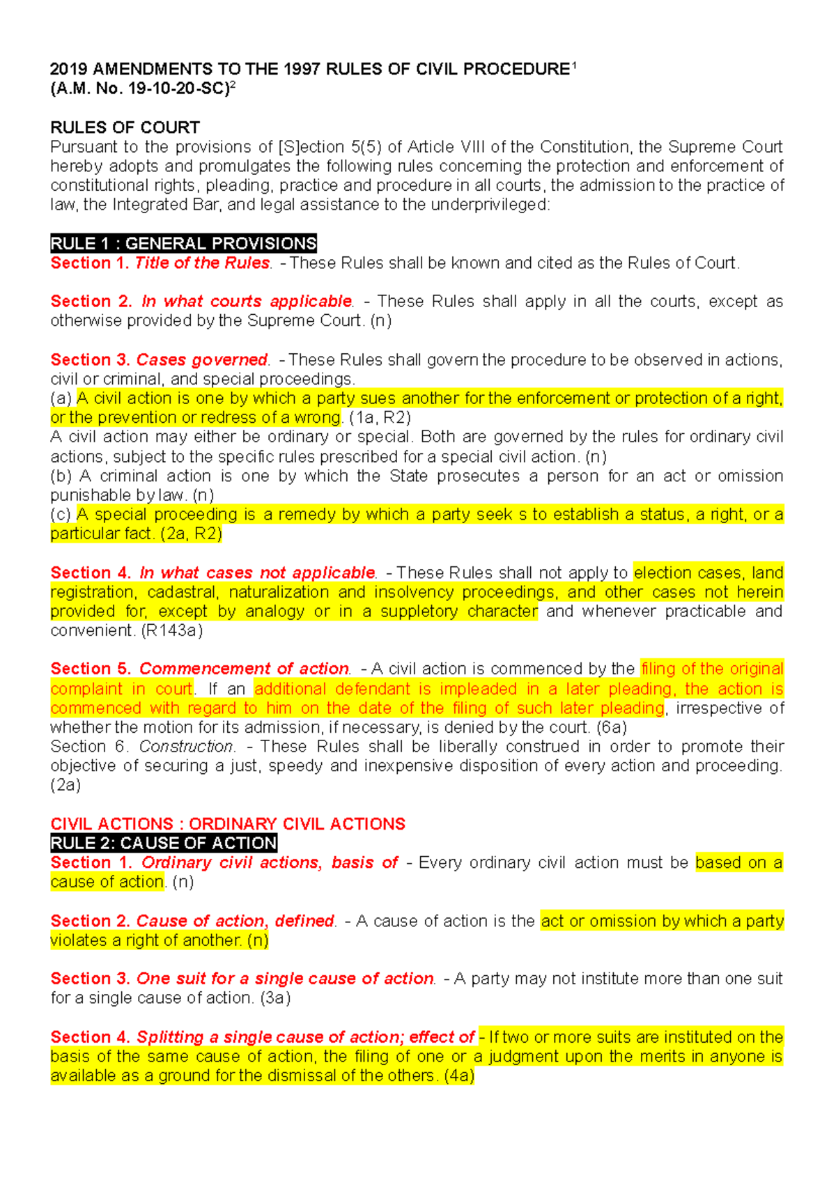 Civil Procedure Highlighted Provisions - 2019 AMENDMENTS TO THE 1997 ...