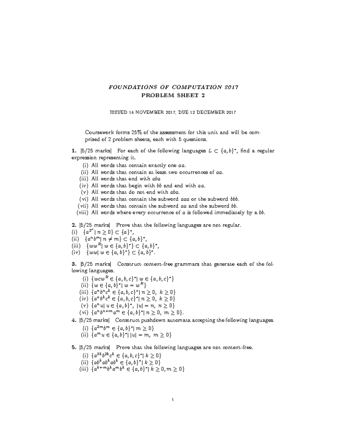 CM50260 2017-2018 Problem Sheet 2 - FOUNDATIONS OF COMPUTATION 2017 PROBLEM SHEET 2 ISSUED 14 ...