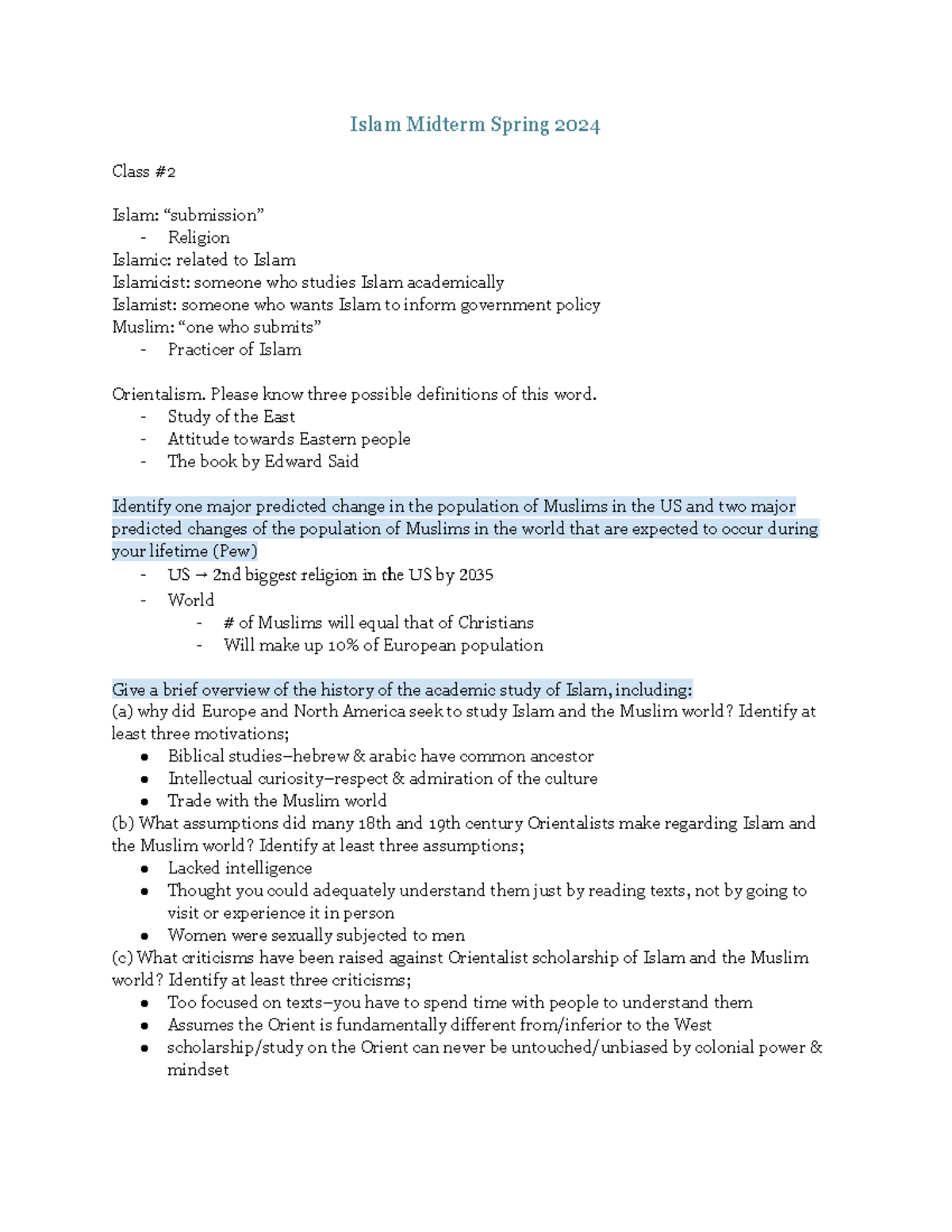 Midterm Study Guide - Islam Midterm Spring 2024 Class # Islam: “submission” - Religion Islamic ...