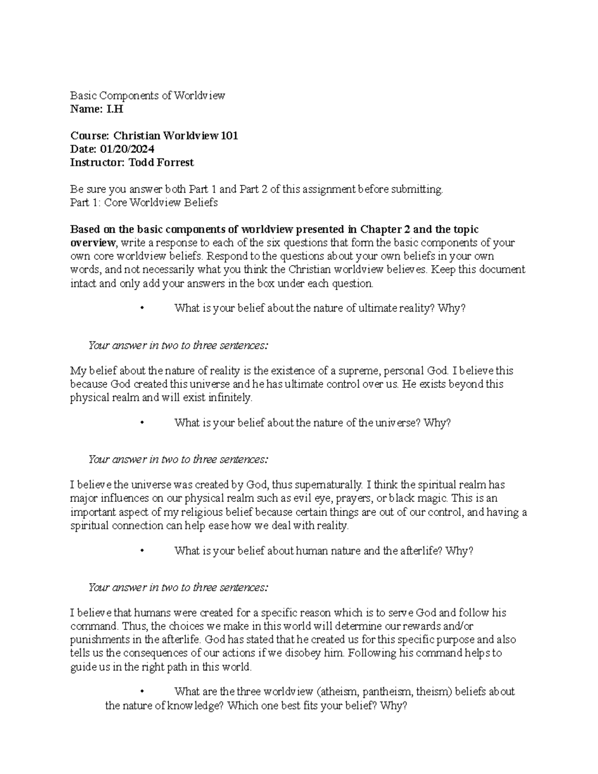 I.Hassan CWV T1 Basic Cmpts of WVs - Basic Components of Worldview Name ...