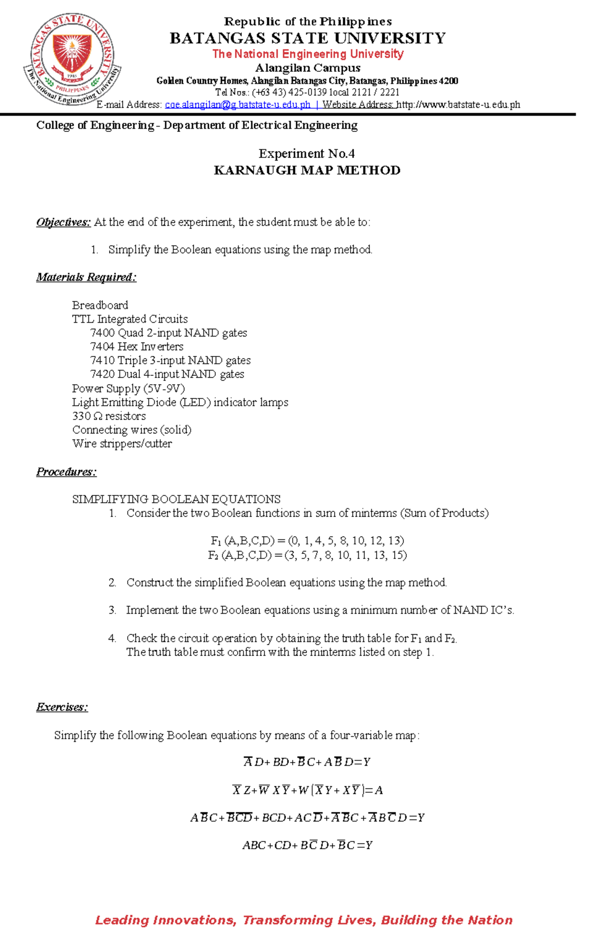 Lab-Experiment-4 - Logic Circuits Experiments - Republic of the Philippines BATANGAS STATE - Studocu