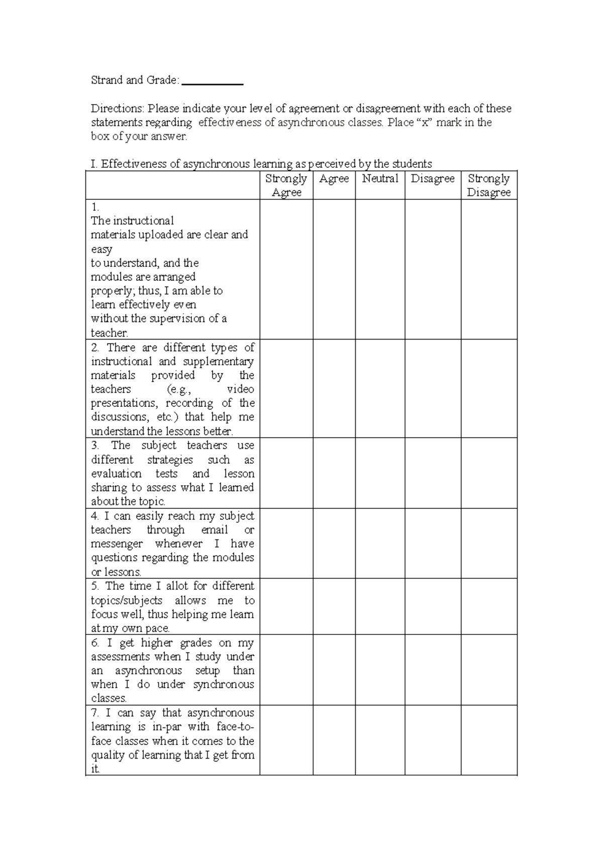 PED1Q - questionnaire - Strand and Grade: Directions: Please indicate ...