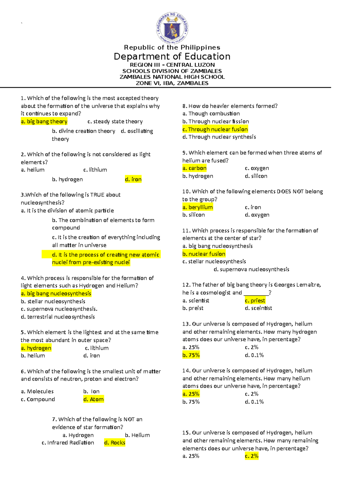 1st quarterly exam reviewer - Republic of the Philippines Department of ...