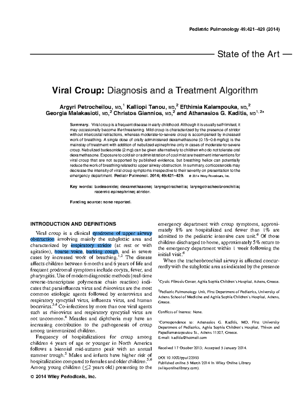 Croup Algoritmo - DDDDDD - Pediatric Pulmonology 49:421–429 (2014 ...