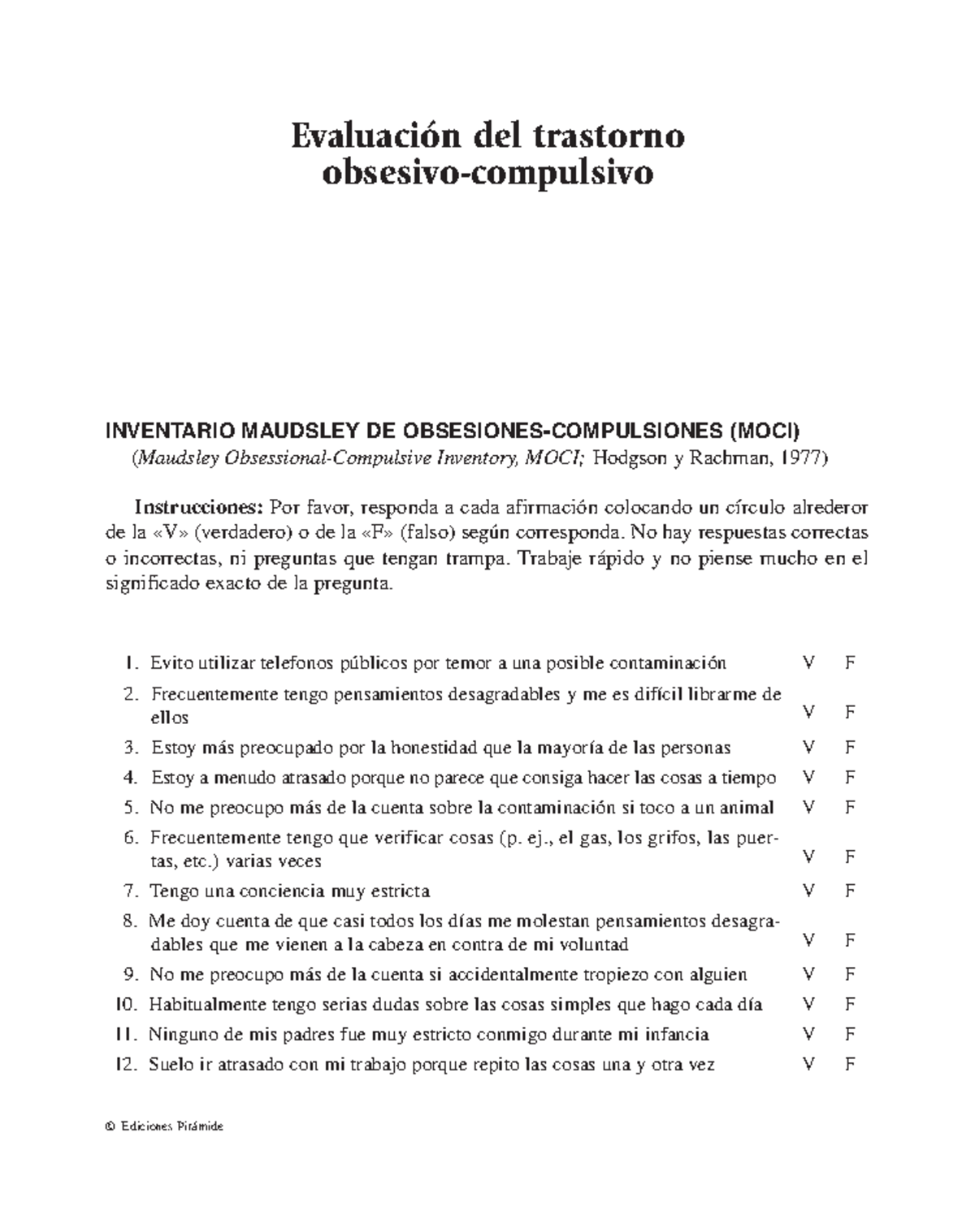 Test MOCI autoaplicable - Evaluación del trastorno obsesivo-compulsivo ...