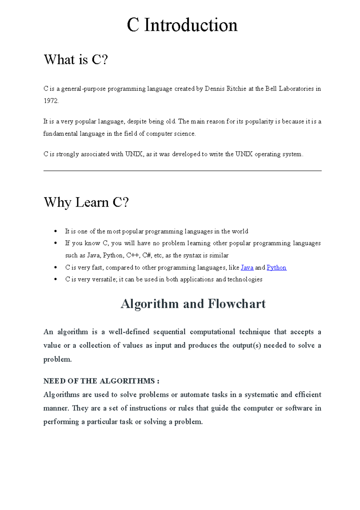 C - c notes - C Introduction What is C? C is a general-purpose ...