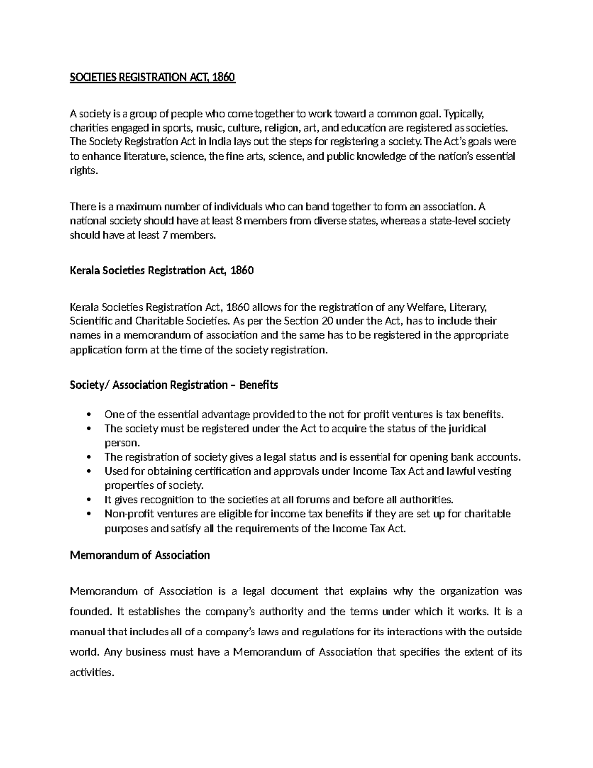 Societies registration act - SOCIETIES REGISTRATION ACT, 1860 A society is a group of people who ...