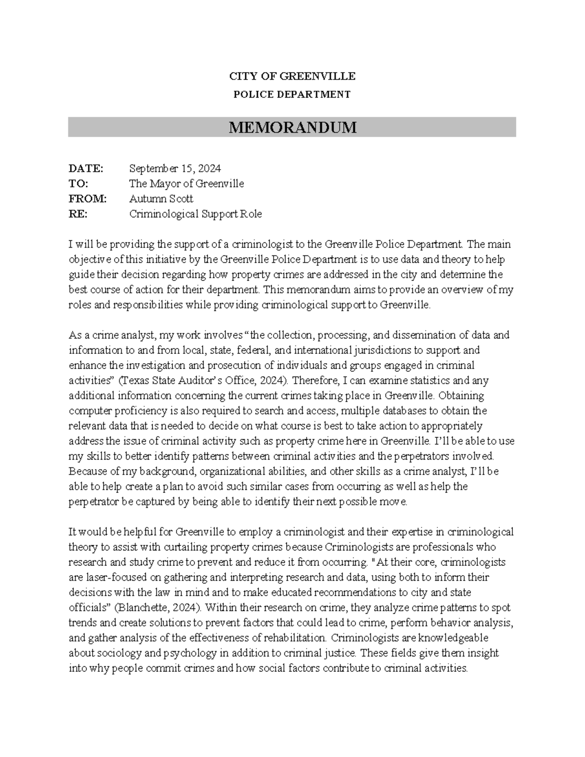 CJ 306 Project One Memo Template - CITY OF GREENVILLE POLICE DEPARTMENT ...