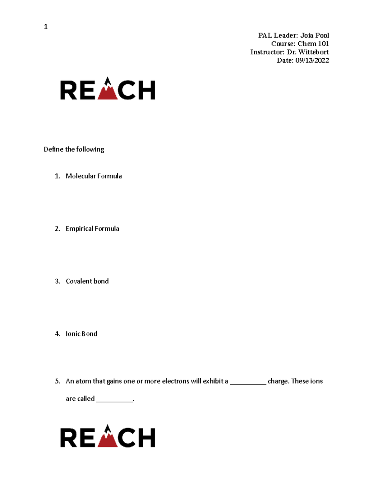 Exam Review 1 - Instructor: Dr. WittebortCourse: Chem 101 Date: 09/13 ...