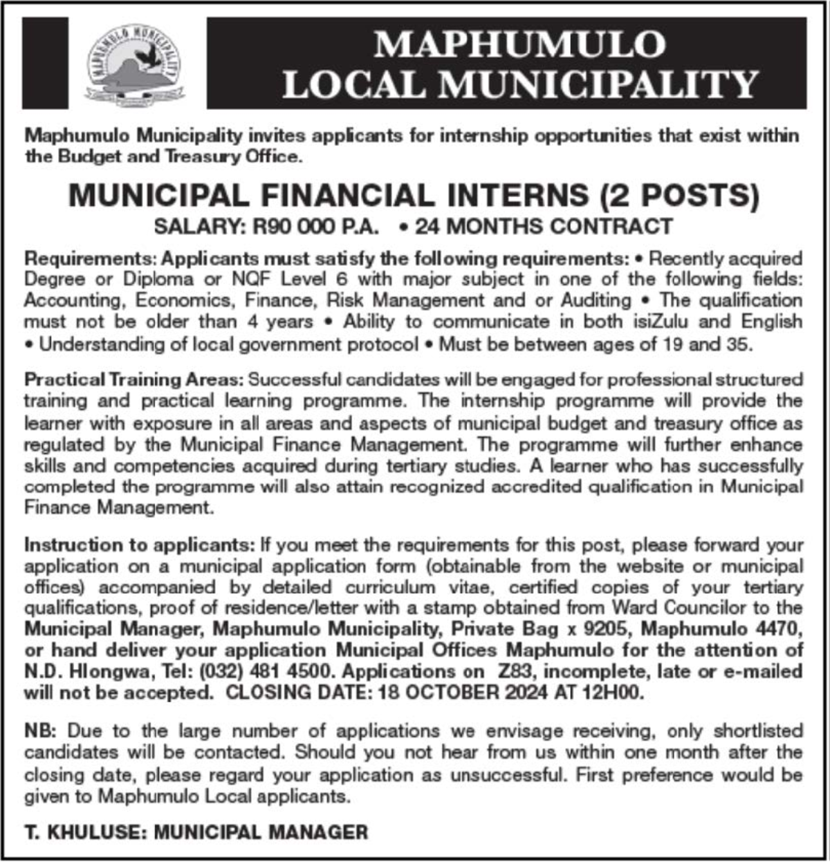 Finance Interns Post - Yes - MAPHUMULO LOCAL MUNICIPALITY Maphumulo ...