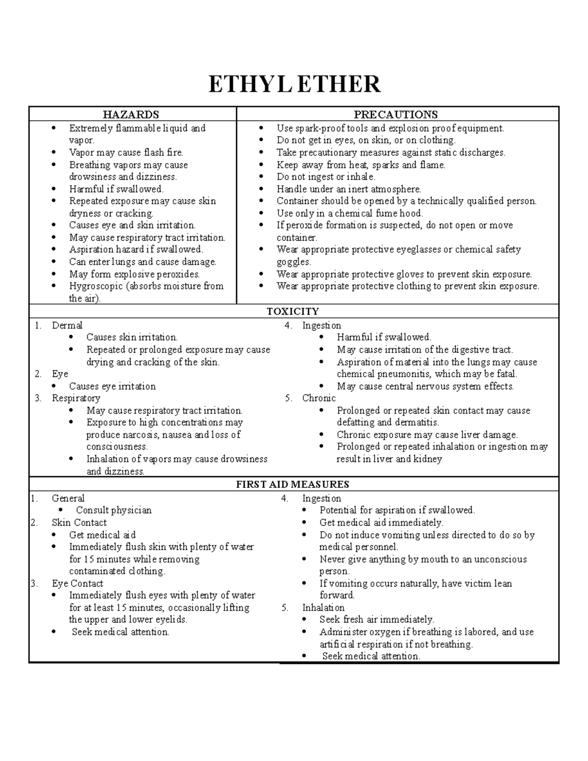 Ethyl Ether - summary of msds - ETHYL ETHER HAZARDS PRECAUTIONS ...