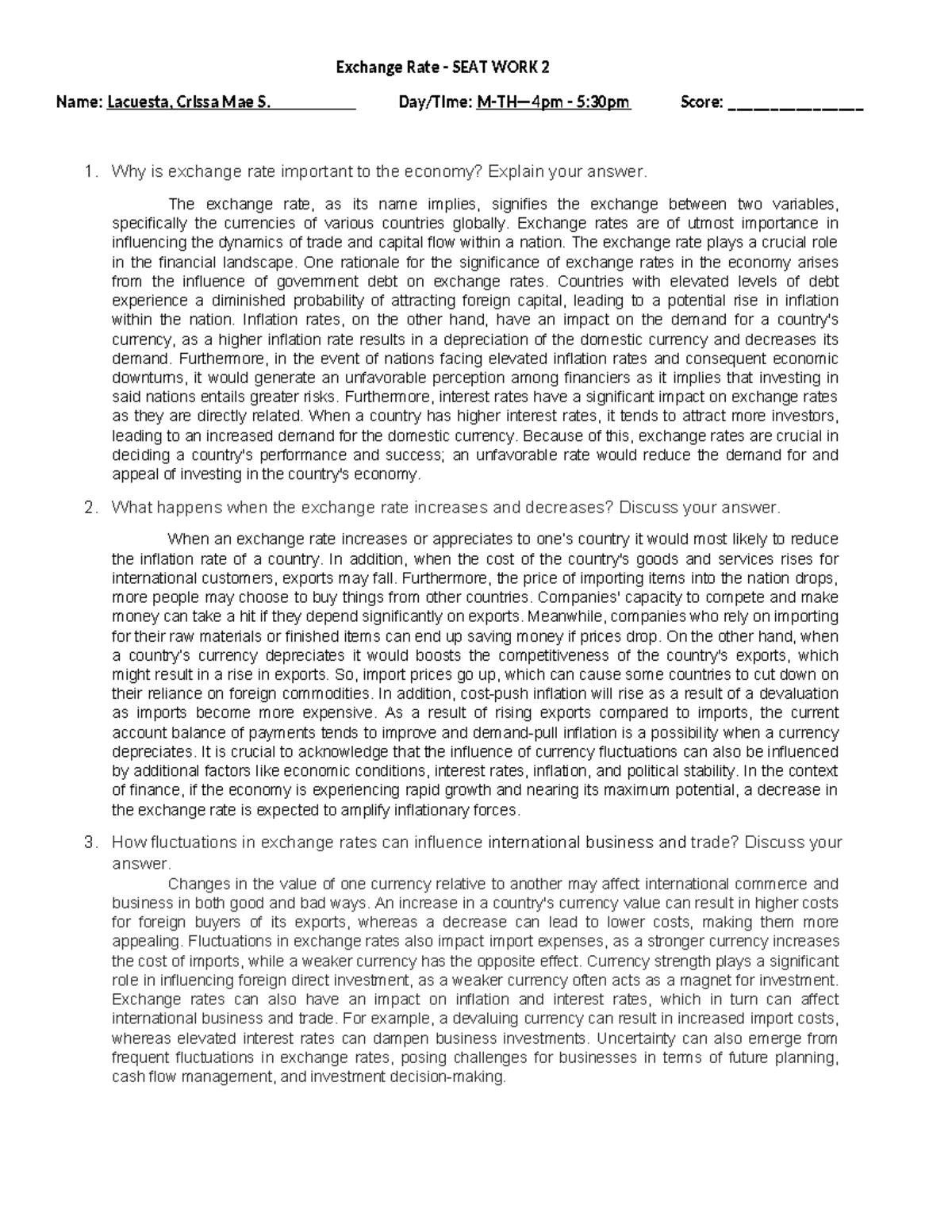 Lacuesta - SW2 - Financial Markets - Exchange Rate - SEAT WORK 2 Name ...