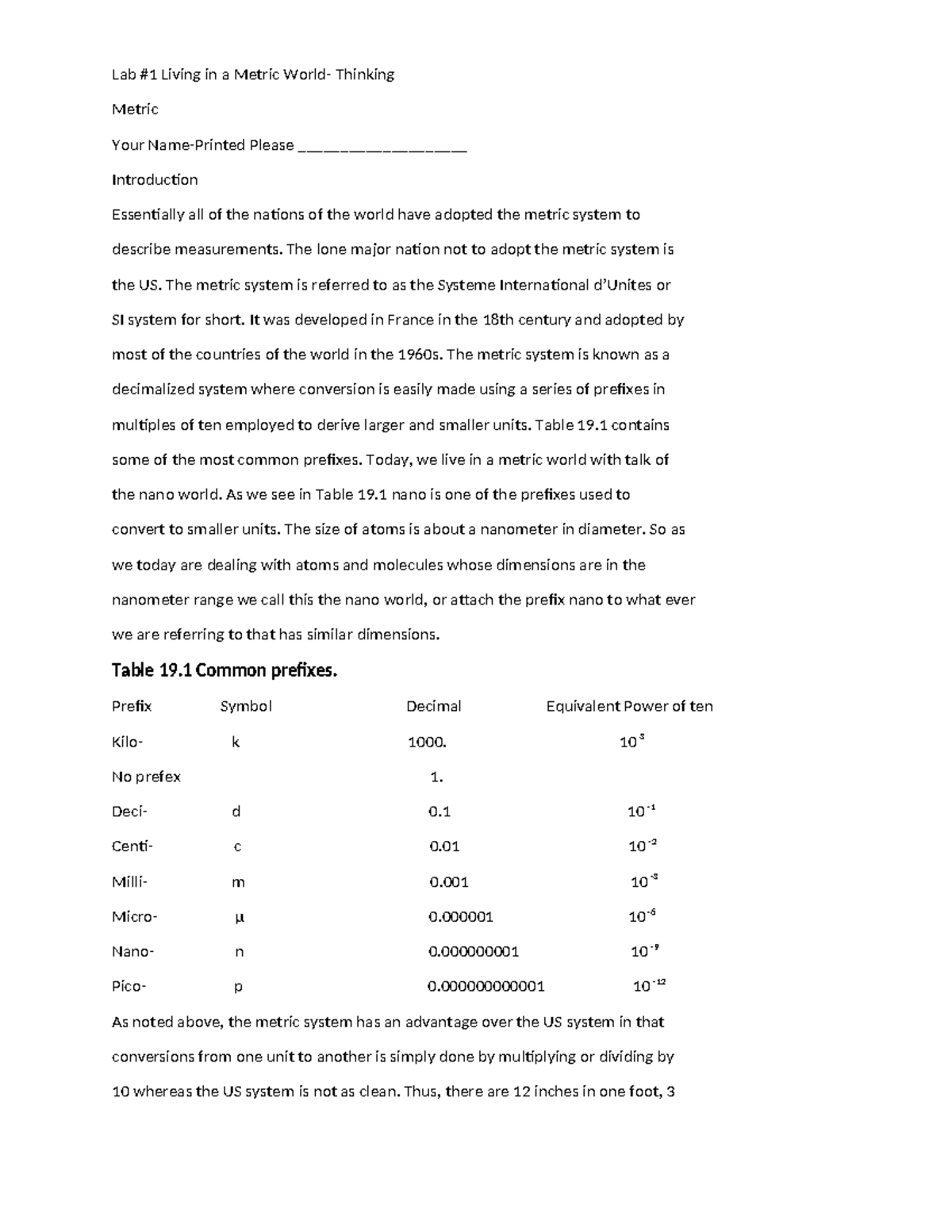 Lab 1 - Chemistry Lab - Lab #1 Living in a Metric World- Thinking ...