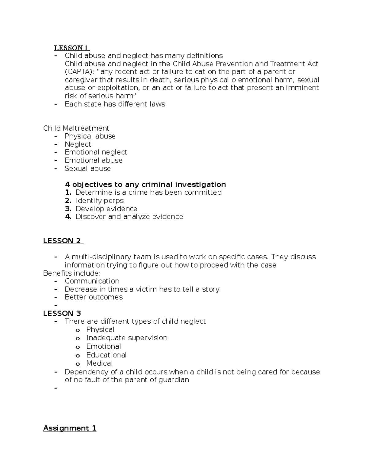 Week 1 Child Abuse - Online course, Prof. Lawson. Notes and Assignments ...