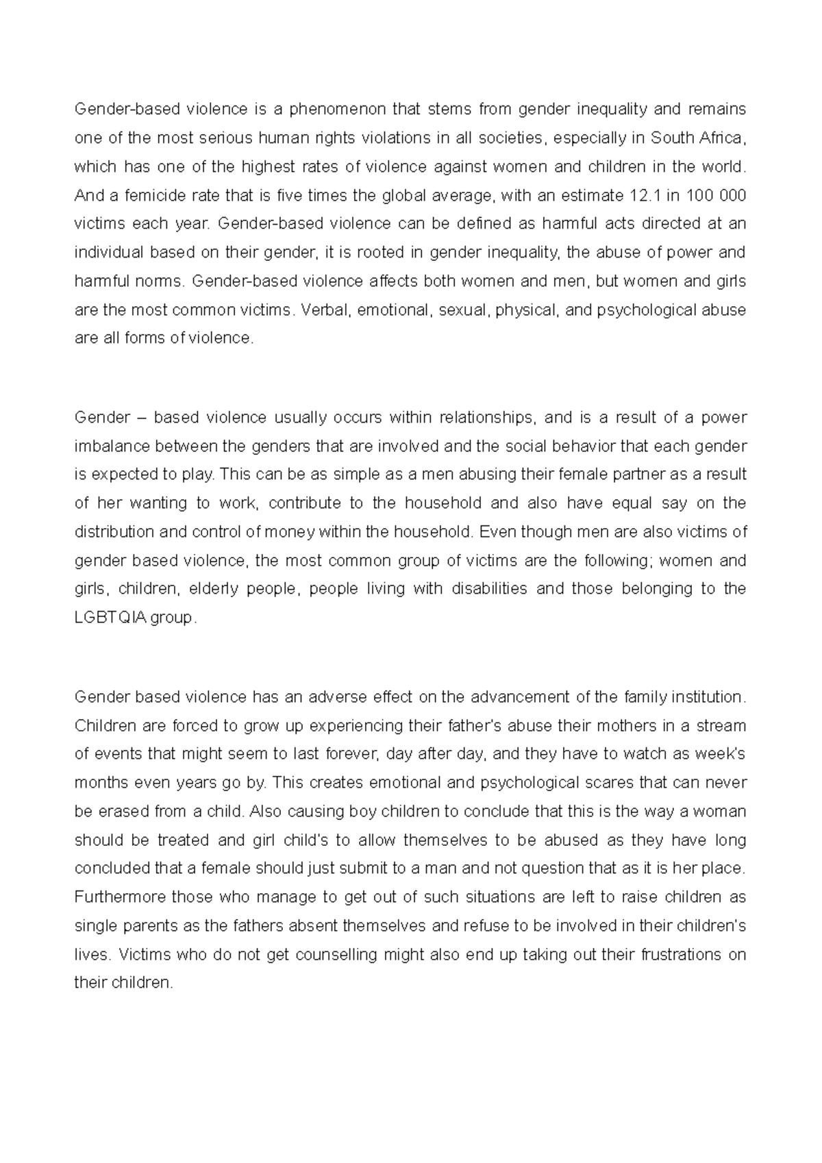 English assignment v2 - Gender-based violence is a phenomenon that ...