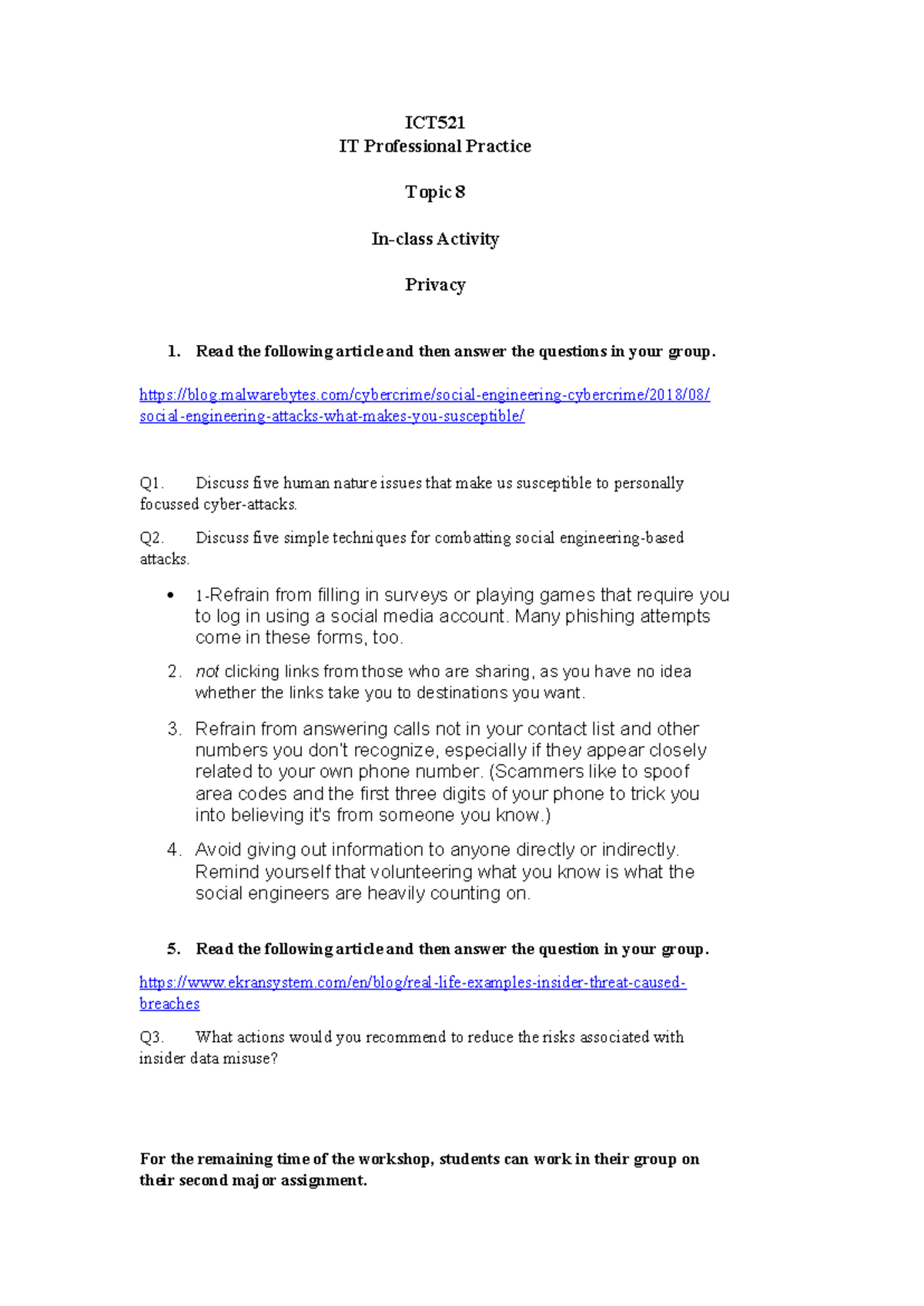 Topic 8 in-class activity - ICT IT Professional Practice Topic 8 In ...