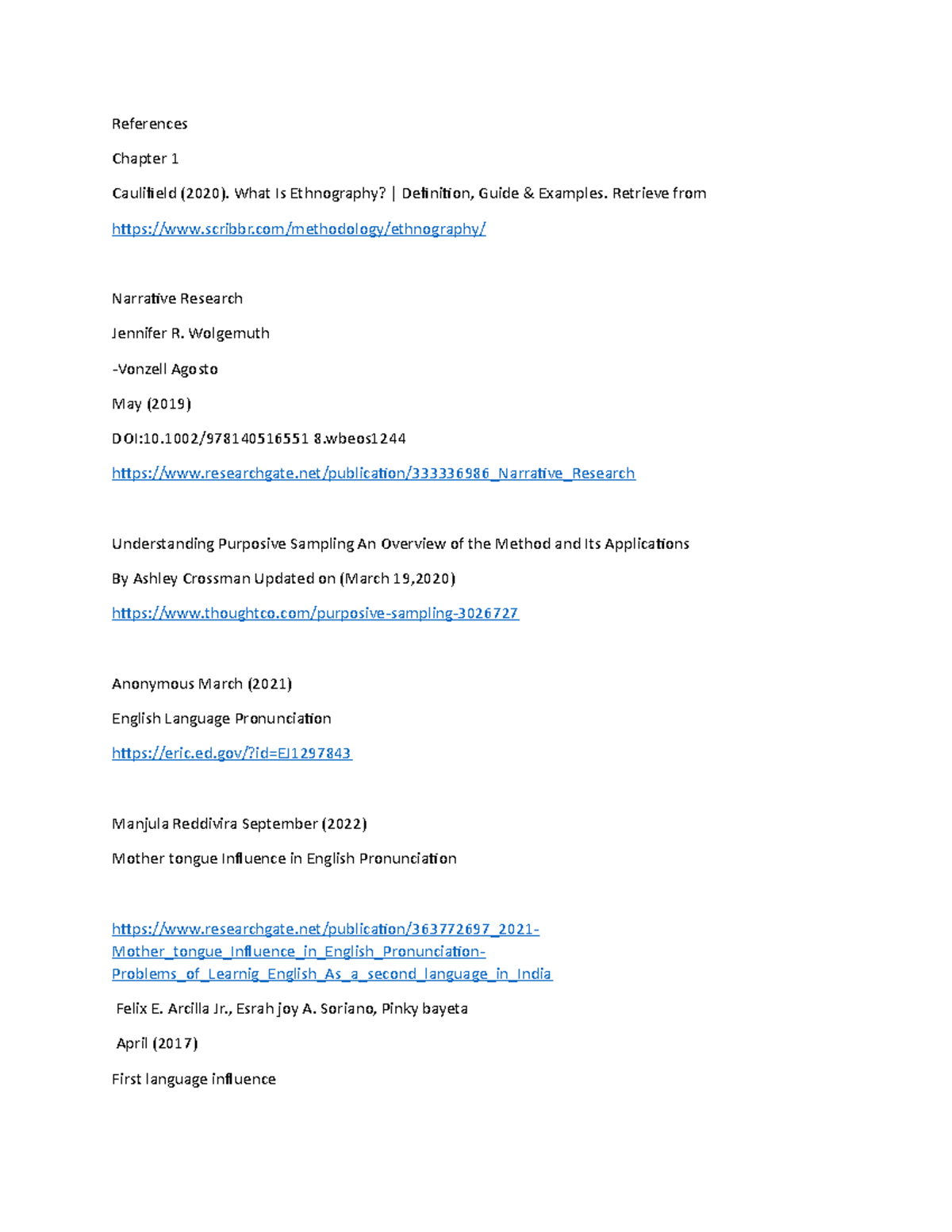 References final 2 - Reference - References Chapter 1 Caulifield (2020). What Is Ethnography ...