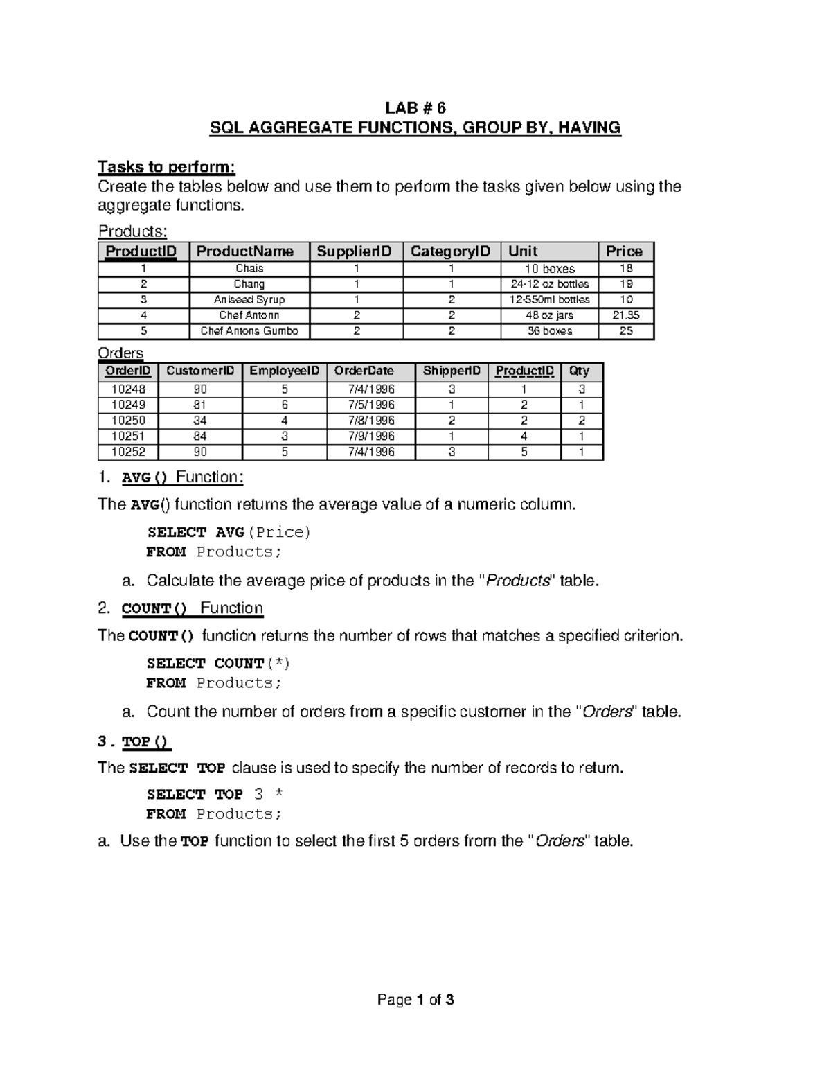 Lab06 - Page 1 of 3 LAB # 6 SQL AGGREGATE FUNCTIONS, GROUP BY, HAVING Tasks to perform: Create ...
