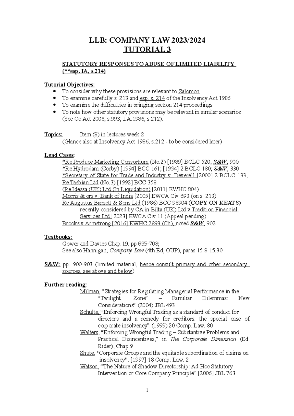 Co 2023.Tutorial Handout semester 1.3 (1) - LLB: COMPANY LAW 2023 ...