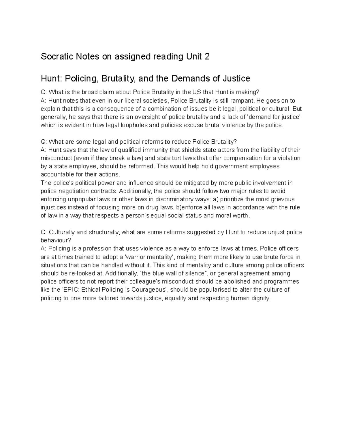 Socratic Notes for assigned readings Unit 2 - He goes on to explain ...