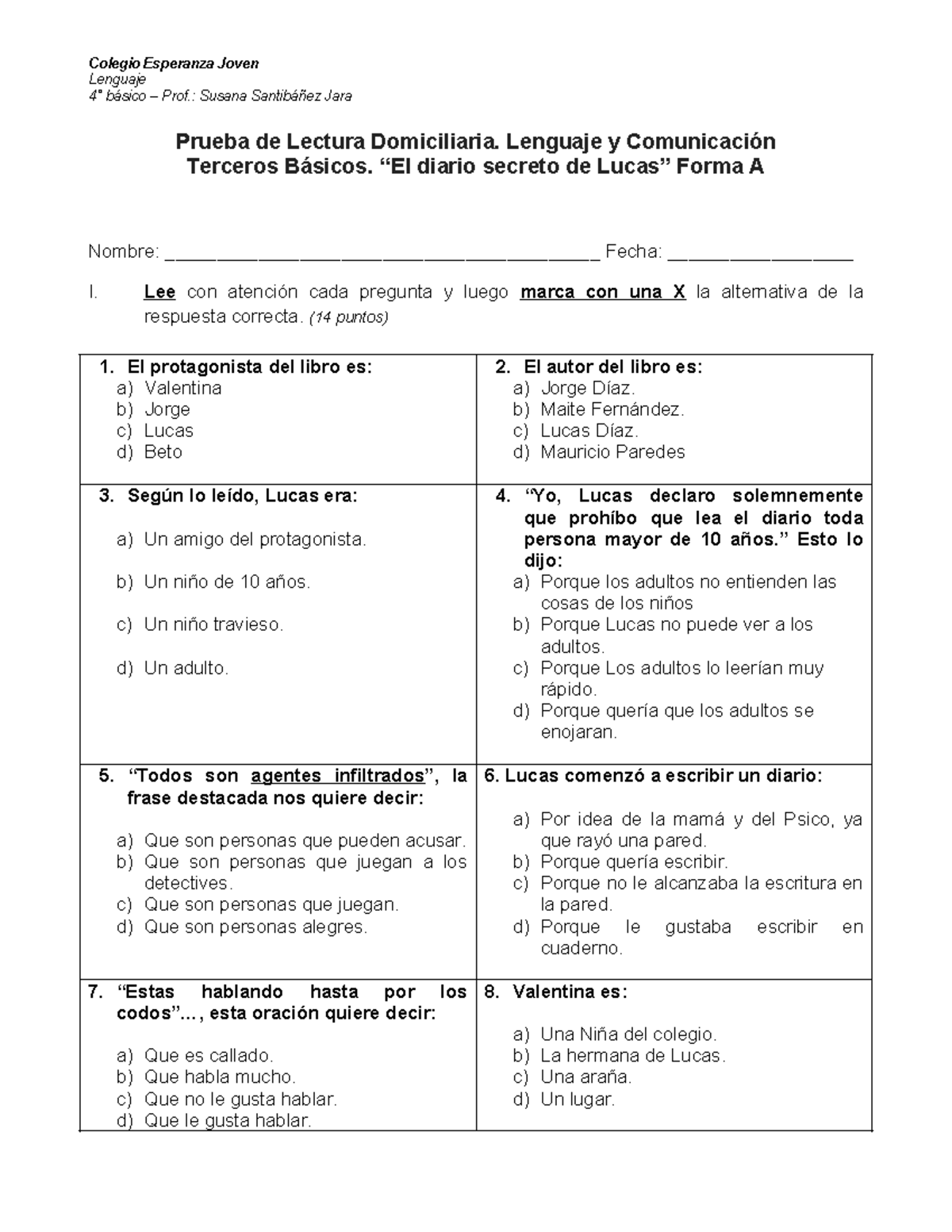 Prueba El Diario Secreto de Lucas - Colegio Esperanza Joven Lenguaje 4 ...